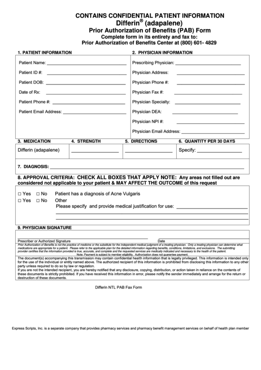 Differin (Adapalene) Prior Authorization Of Benefits (Pab) Form ...