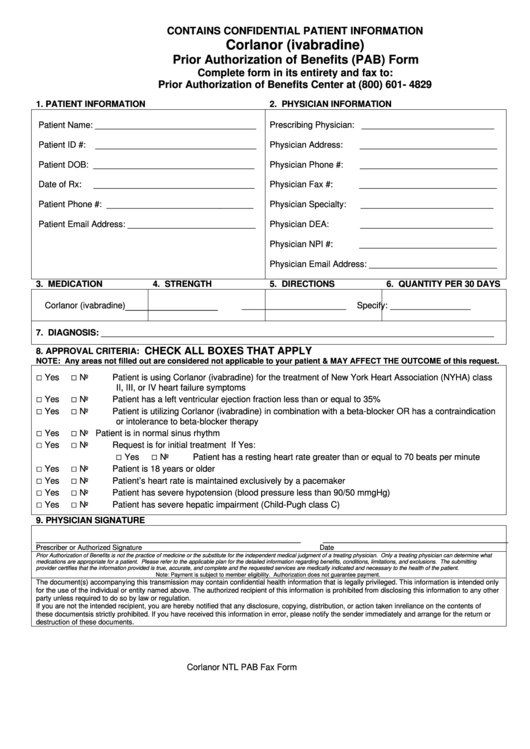 Corlanor (Ivabradine) Prior Authorization Of Benefits (Pab) Form ...