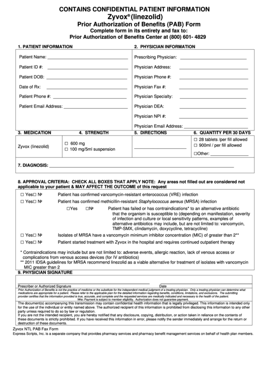 Zyvox (Linezolid) Prior Authorization Of Benefits (Pab) Form printable ...