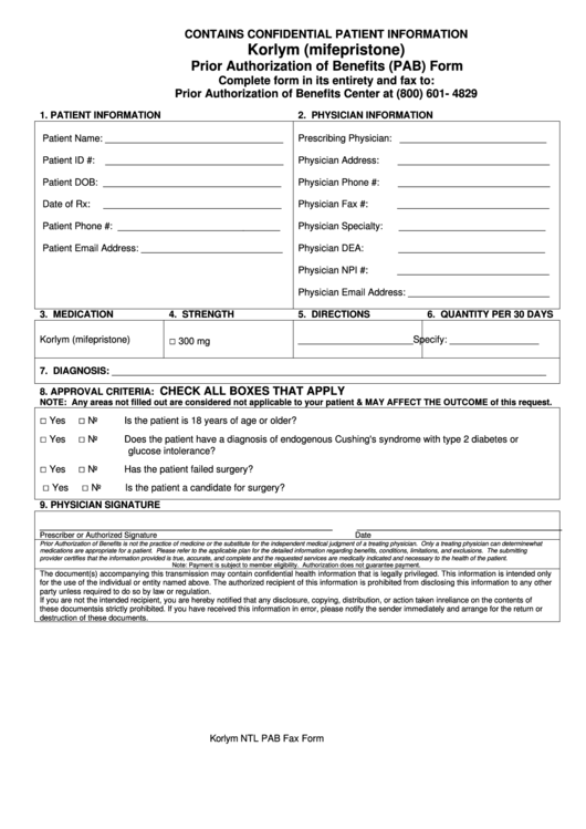 Korlym (Mifepristone) Prior Authorization Of Benefits (Pab) Form ...