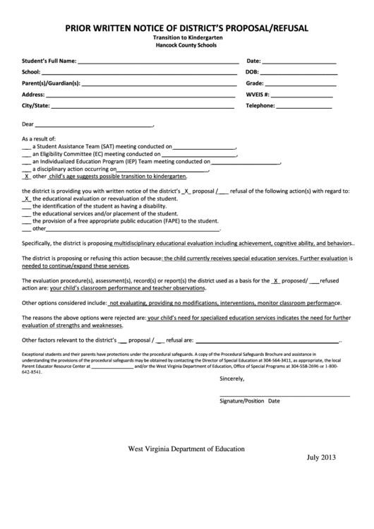 Fillable Prior Written Notice Of District'S Proposal/refusal Transition ...