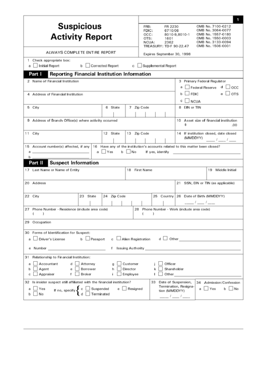 Fillable Suspicious Activity Report Form Printable Pdf Download