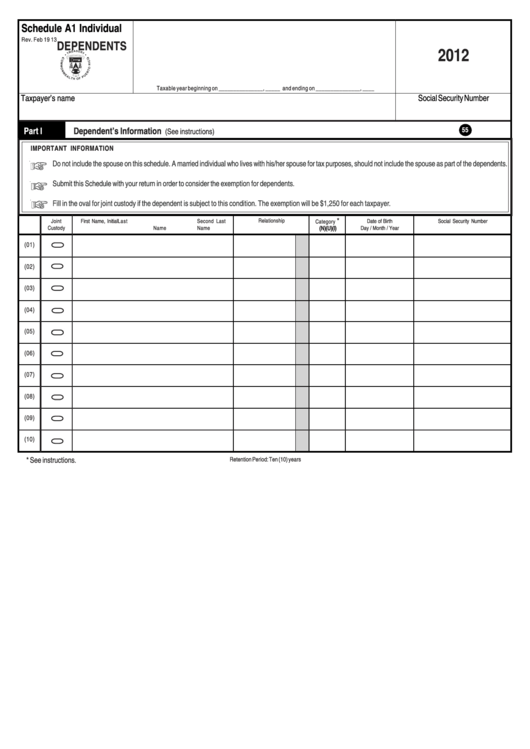Schedule A1 Individual 2012 - Dependents printable pdf download