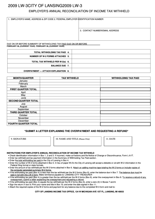 Form 2009 Lw-3 - Employer'S Annual Reconciliation Of Income Tax ...