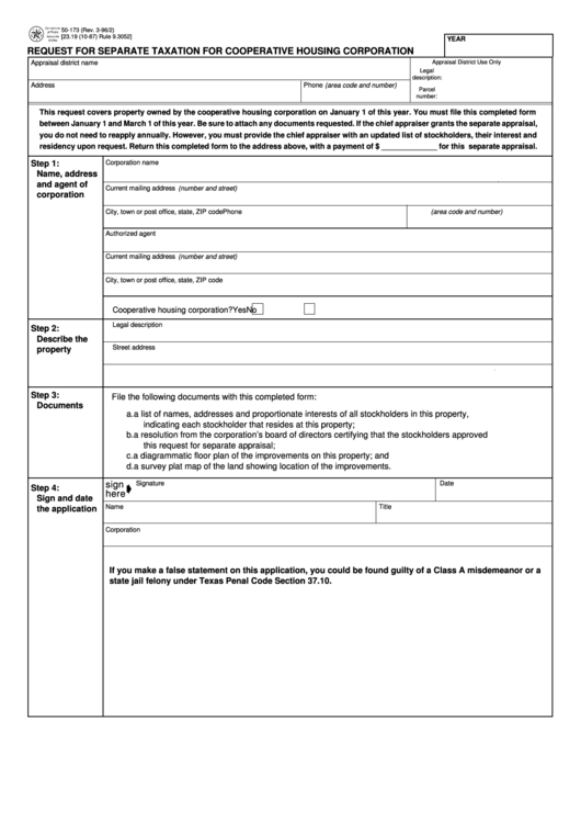 Fillable Form 50-173 - Request For Separate Taxation For Cooperative ...