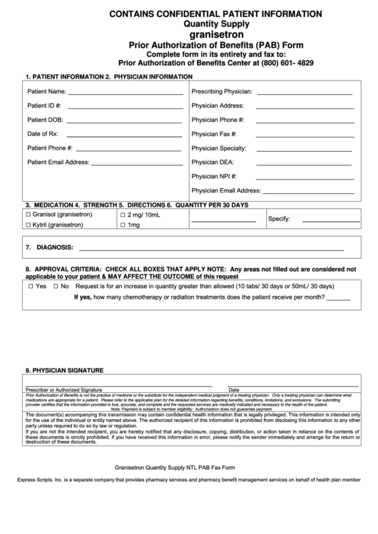 Granisetron Prior Authorization Of Benefits (Pab) Form printable pdf ...