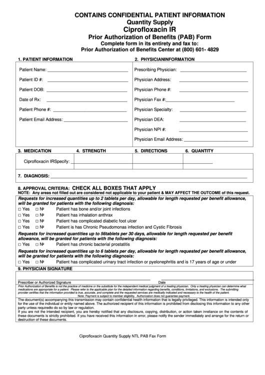 Ciprofloxacin Ir Prior Authorization Of Benefits (Pab) Form printable ...