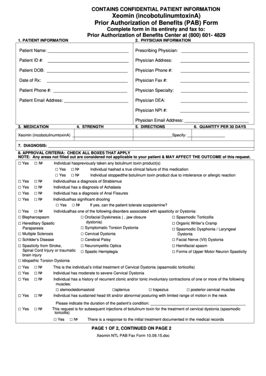 Xeomin (Incobotulinumtoxina) Prior Authorization Of Benefits (Pab) Form ...
