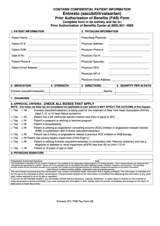 Entresto (Sacubitril/valsartan) Prior Authorization Of Benefits (Pab ...
