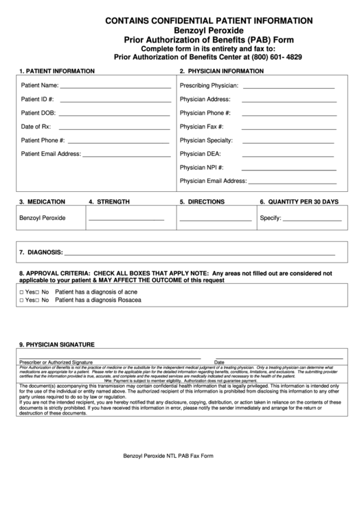 Benzoyl Peroxide Prior Authorization Of Benefits (Pab) Form printable ...