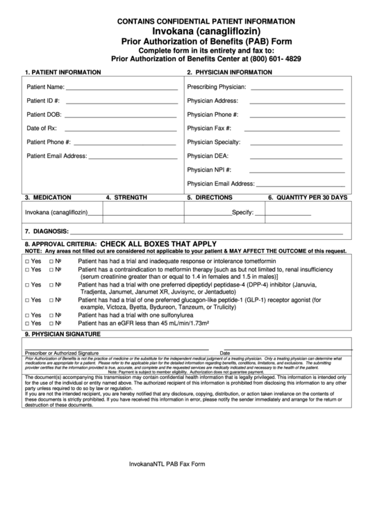 Invokana (Canagliflozin) Prior Authorization Of Benefits (Pab) Form ...
