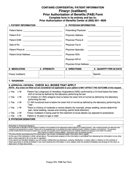 Firazyr (Icatibant) Prior Authorization Of Benefits (Pab) Form printable pdf download