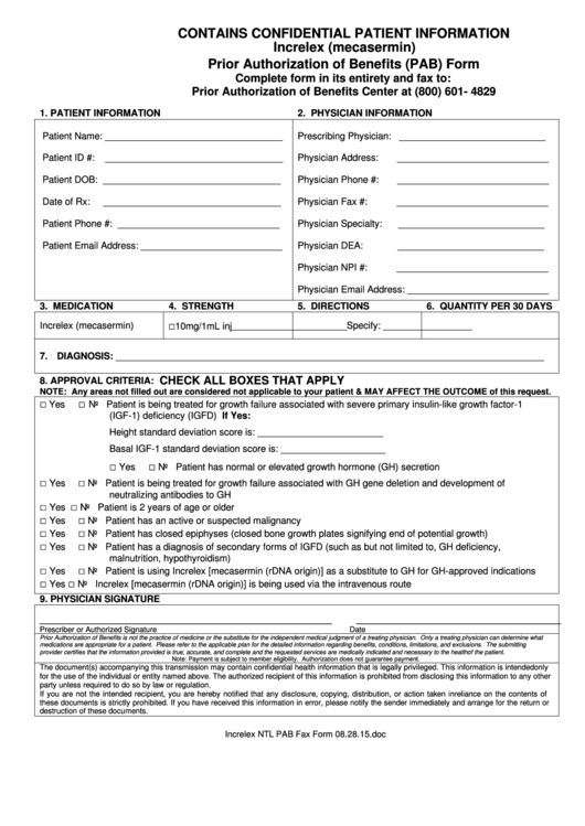 Increlex (Mecasermin) Prior Authorization Of Benefits (Pab) Form ...