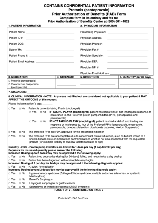 Protonix (Pantoprazole) Prior Authorization Of Benefits (Pab) Form ...