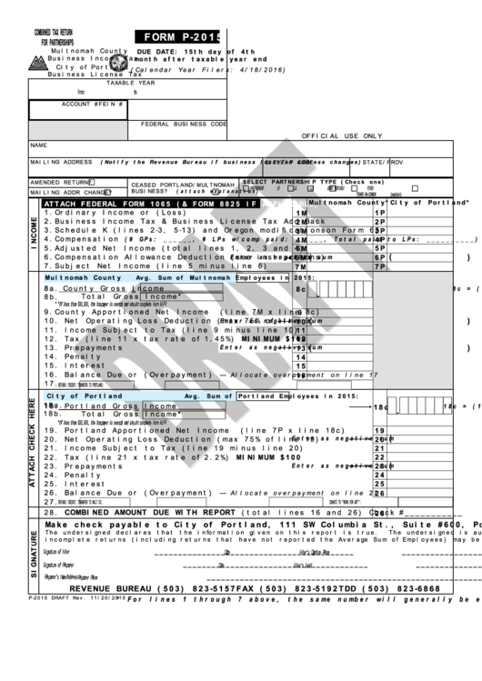 Form P-2015 Draft - Combined Tax Return For Partnerships printable pdf ...