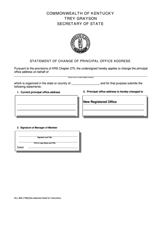 Fillable Form Sll-906 - Statement Of Change Of Principal Office Address ...
