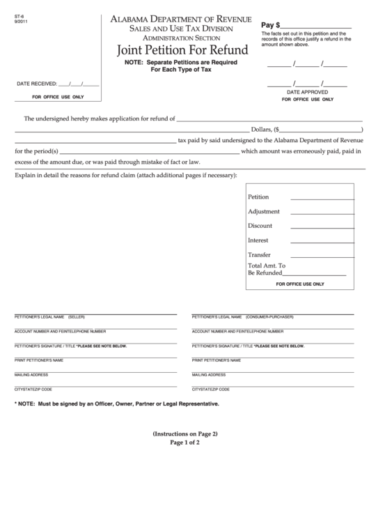 Fillable Form St-6 - Joint Petition For Refund 2011 printable pdf download