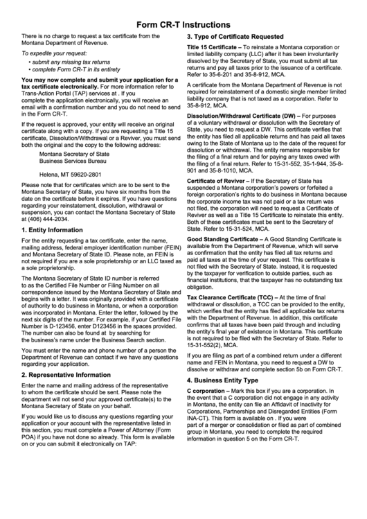 Form Cr-T - Tax Certificate Request Instructions printable pdf download