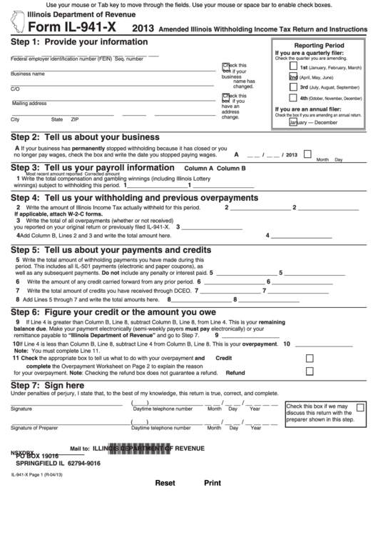 Form Il-941-X - Amended Illinois Withholding Income Tax Return And ...