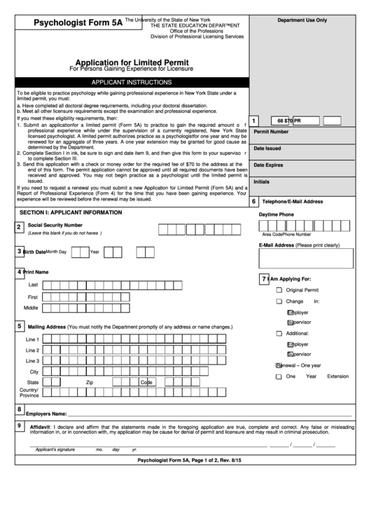 Psychology Form 5a Application For Limited Permit New York The