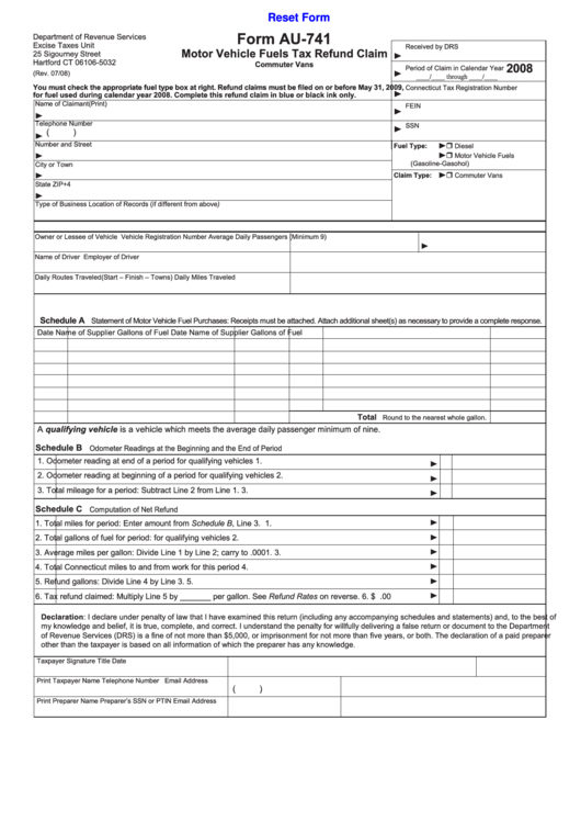 Fillable Form Au-741 - Motor Vehicle Fuels Tax Refund Claim - 2008 ...