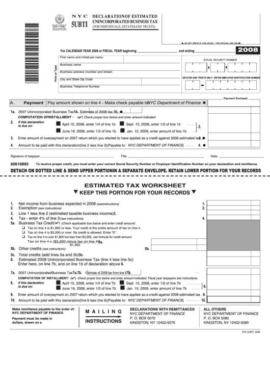 Fillable Form 5ubti - Declaration Of Estimated Unincorporated Business ...