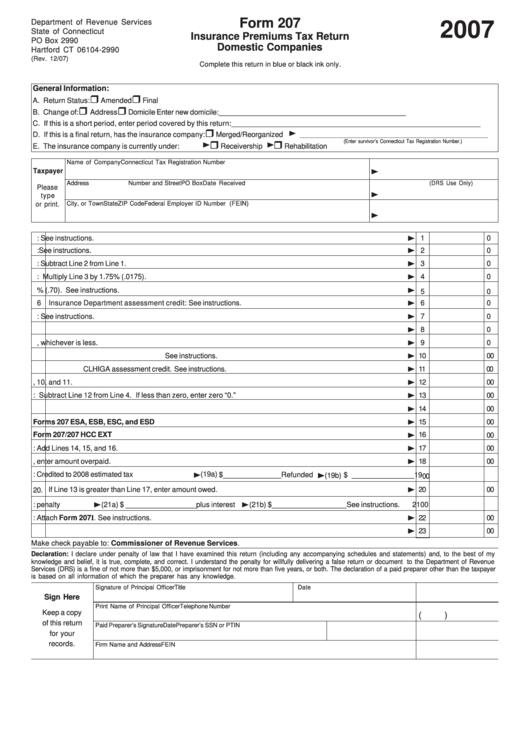 Form 207 - Insurance Premiums Tax Return Domestic Companies - 2007 ...