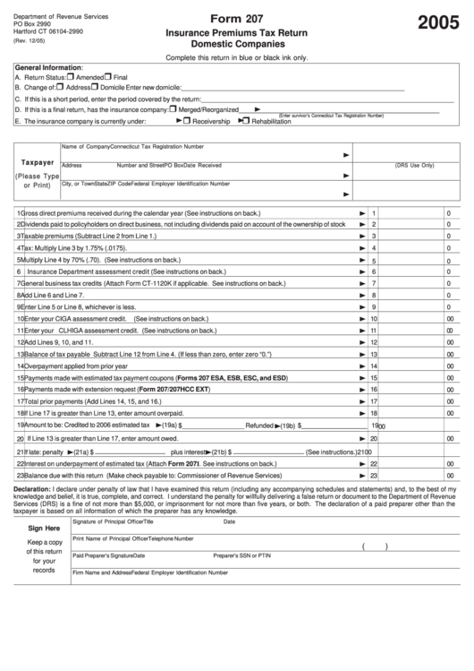 Form 207 - Insurance Premiums Tax Return Domestic Companies - 2005 ...