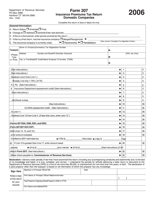 Form 207 - Insurance Premiums Tax Return Domestic Companies - 2006 ...