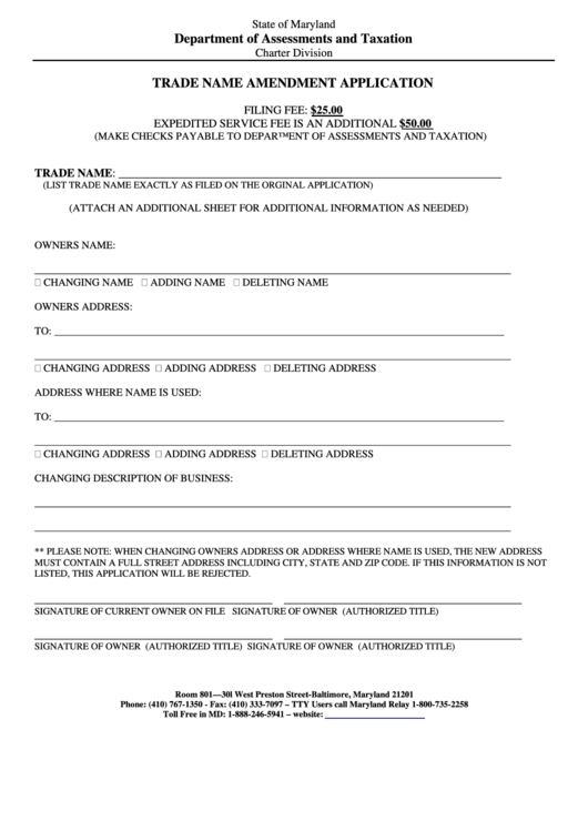 Fillable Trade Name Amendment Application Form printable pdf download