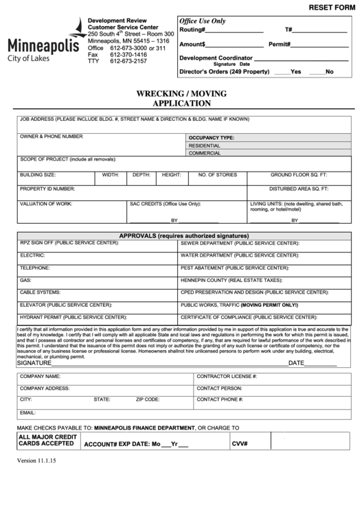 Fillable Wrecking / Moving Application - City Of Lakes printable pdf ...