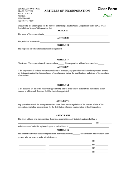 Fillable Articles Of Incorporation Form printable pdf download