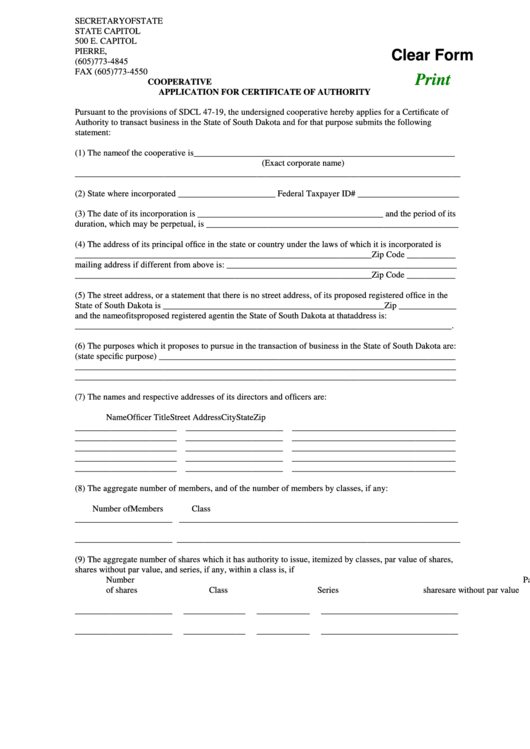 Fillable Cooperative Application For Certificate Of Authority Form printable pdf download