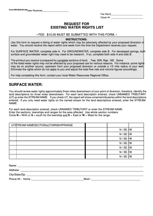 Form Wr-Req R - Request For Existing Water Rights List 2000 printable ...