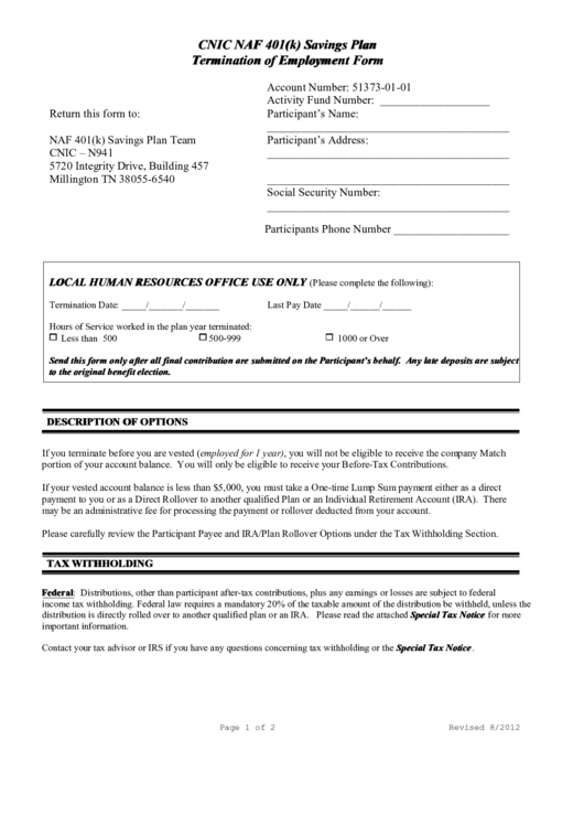 Cnic Naf 401 K Savings Plan Termination Of Employment Form Printable