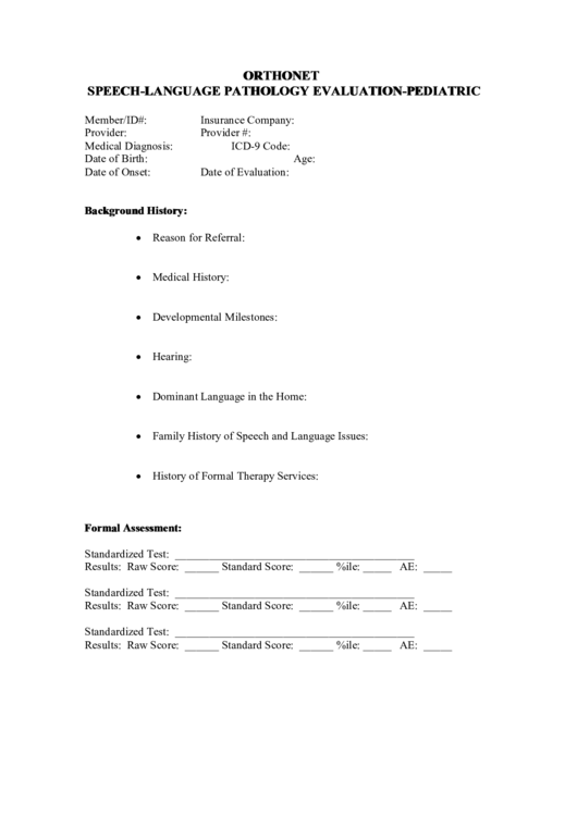 Orthonet Speech-Language Pathology Evaluation-Pediatric printable pdf ...