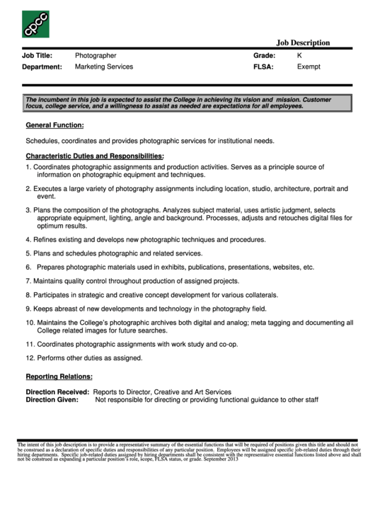 Photographer Job Description printable pdf download