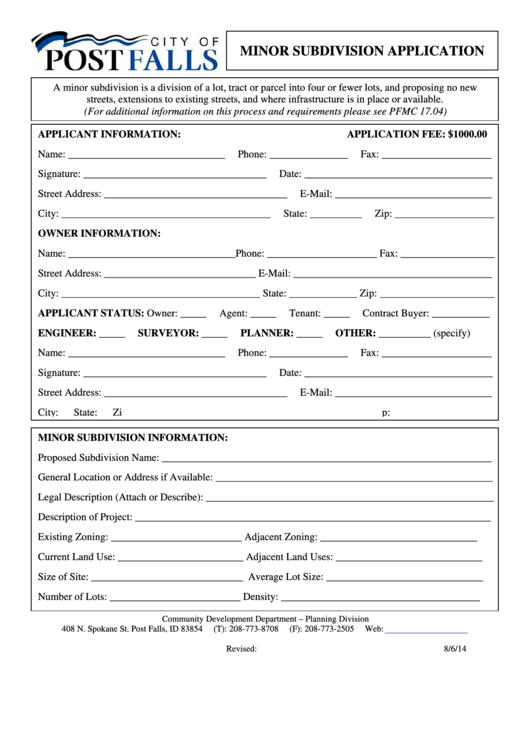 Fillable Minor Subdivision Application printable pdf download