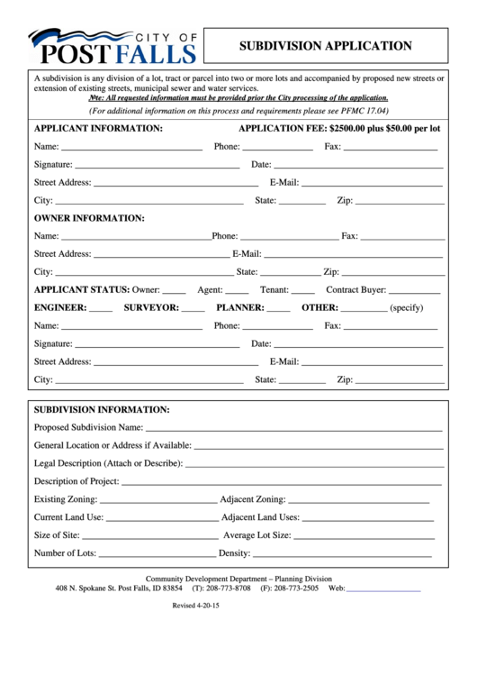Fillable Subdivision Application printable pdf download