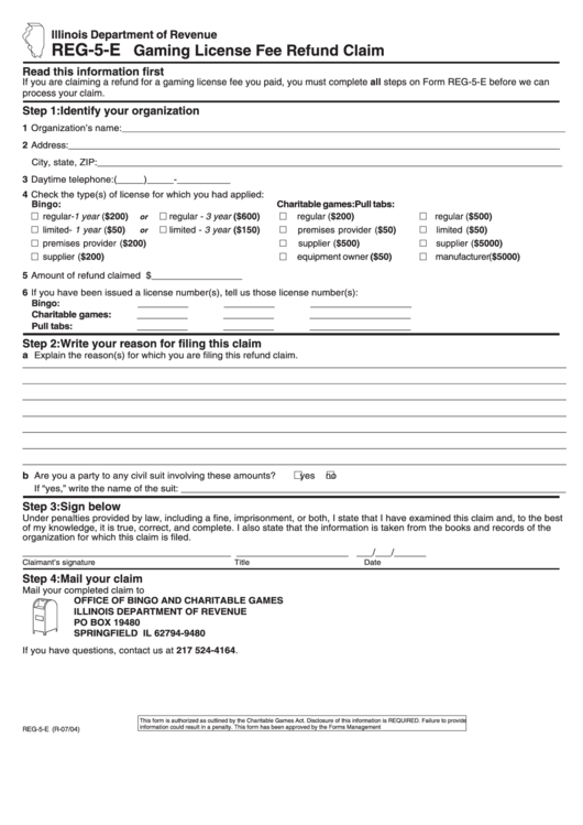 Form Reg-5-E - Gaming License Fee Refund Claim printable pdf download