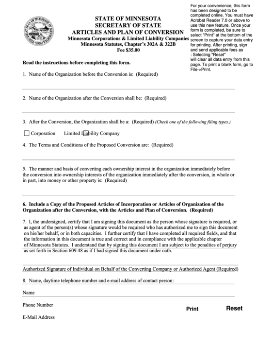 Fillable Articles And Plan Of Conversion - Minnesota Secretary Of State ...