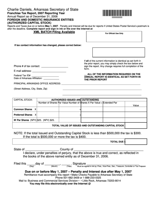 Franchise Tax Report Form - Foreign And Domestic Insurance Entities ...