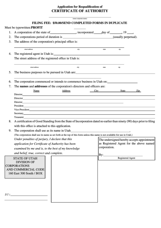 Application For Requalification Of Certificate Of Authority Form ...