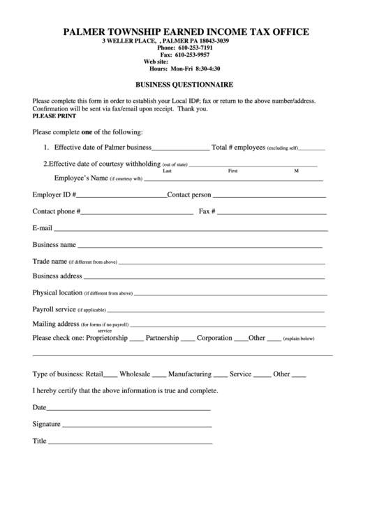 Business Questionnaire Form - Palmer Township Earned Income Tax Office ...