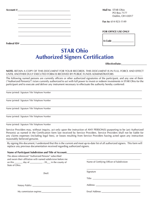 Fillable Star Ohio Authorized Signers Certification Form printable pdf ...