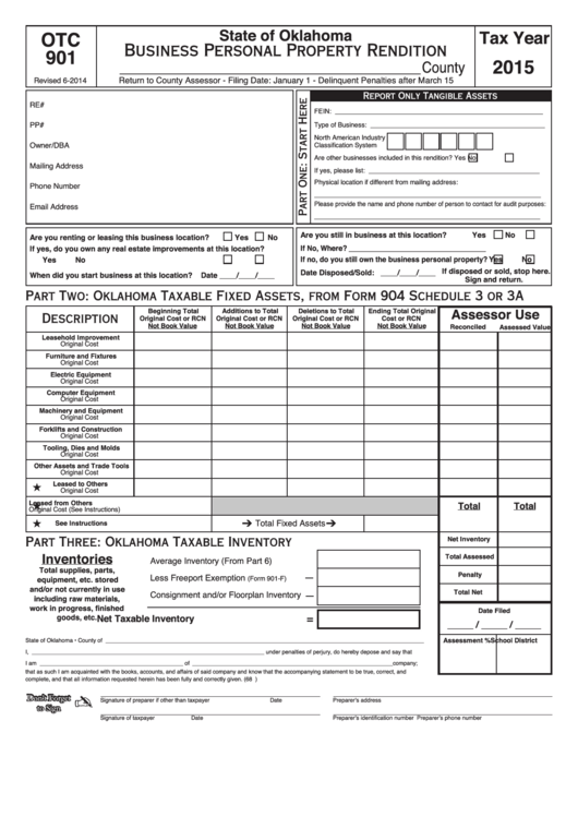 Fillable Form Otc 901 - Business Personal Property Rendition - 2015 ...