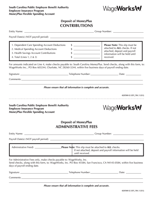 Deposit Of Moneyplus Contributions/administrative Fees Form printable ...