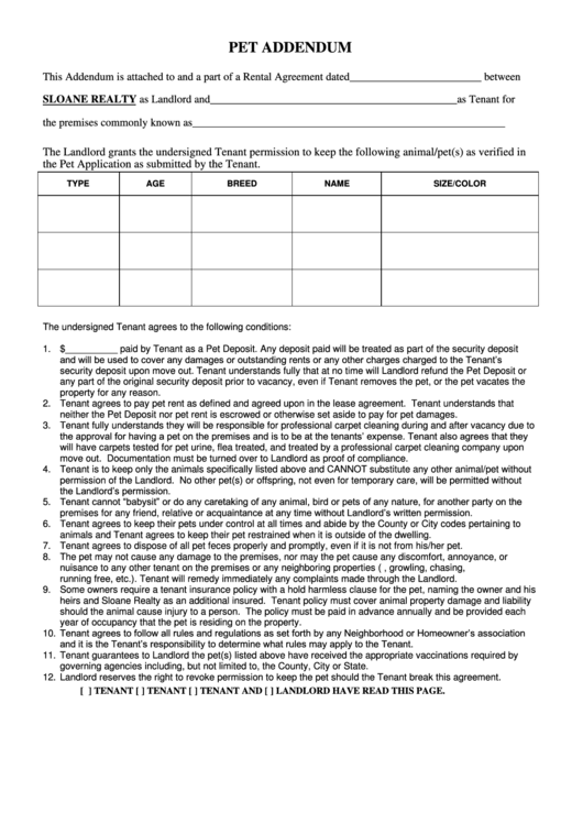 Fillable Pet Addendum Form printable pdf download