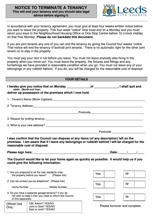 Notice To Terminate A Tenancy Form Printable Pdf Download