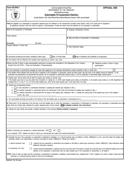 Form As 2640.1-Subchapter N Corporation Election-Instructions For ...